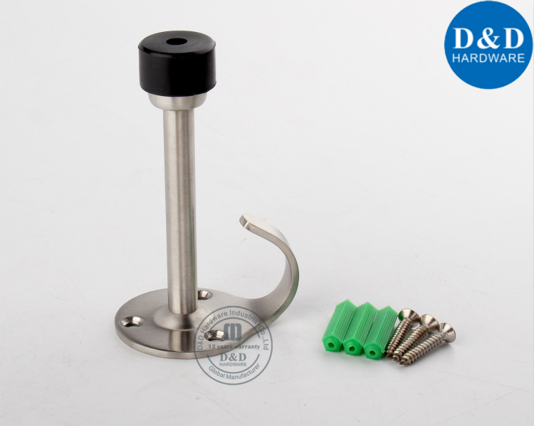Stainless Steel Long Door Stop with Hook for Restroom Door - D&D HARDWARE