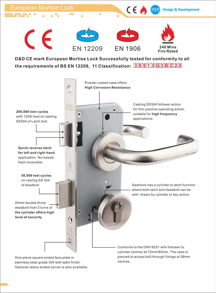 SUS304 Euro Mortise Fire Rated Door Lock for Metal Door with CE ...