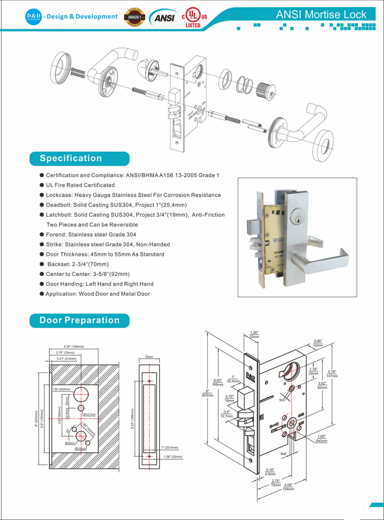 SS304 Durable ANSI Mortise Door Lock-DDAL14 F14 from China manufacturer ...