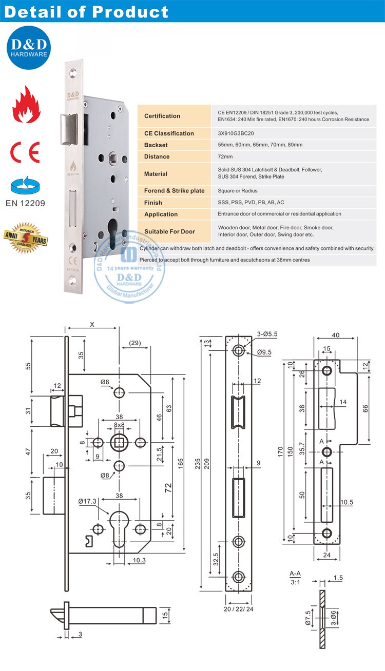 BS EN12209 Fire Rated Door Hardware Lock SUS304 Mortise Lockset-DDML009 ...