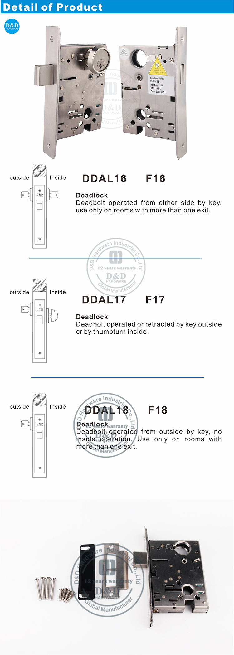 UL ANSI Fire Rated Deadlock with Cylinder Single Side Outside Key Door ...
