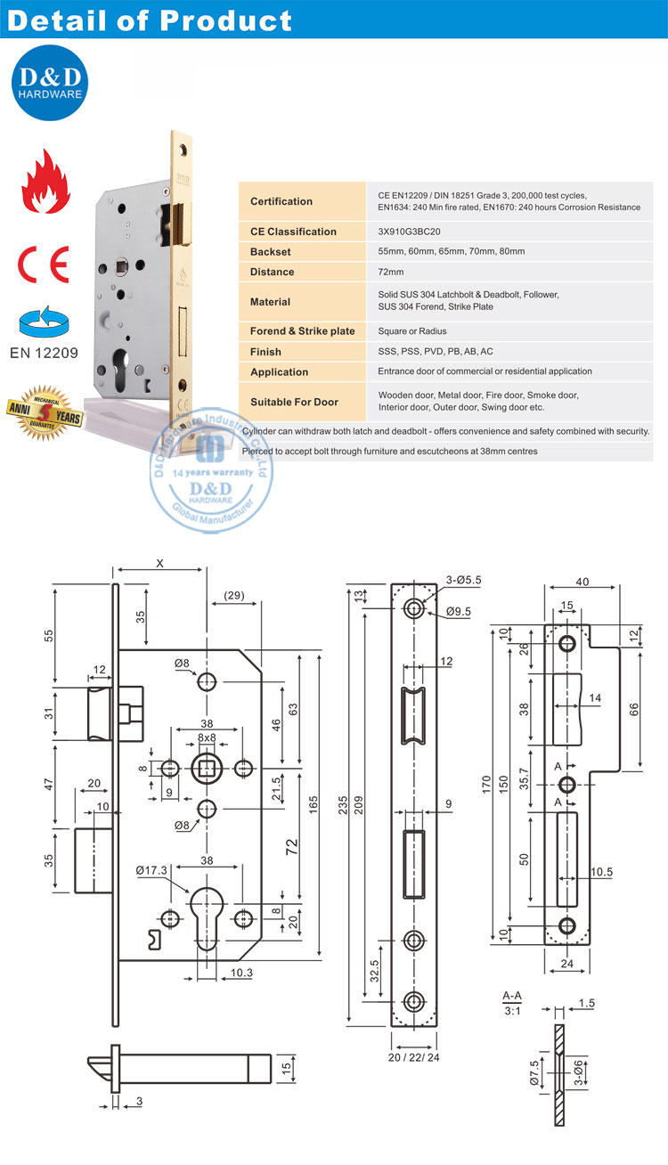 EN12209 Grade 3 Polished Brass SS304 Fire Door Mortise Lock for Front ...