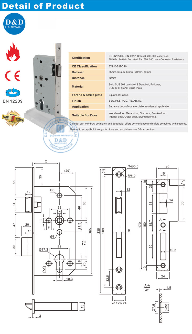 SUS304 Lock Polish Finish EN12209 Latch Deadbolt Lock for Entry Door ...