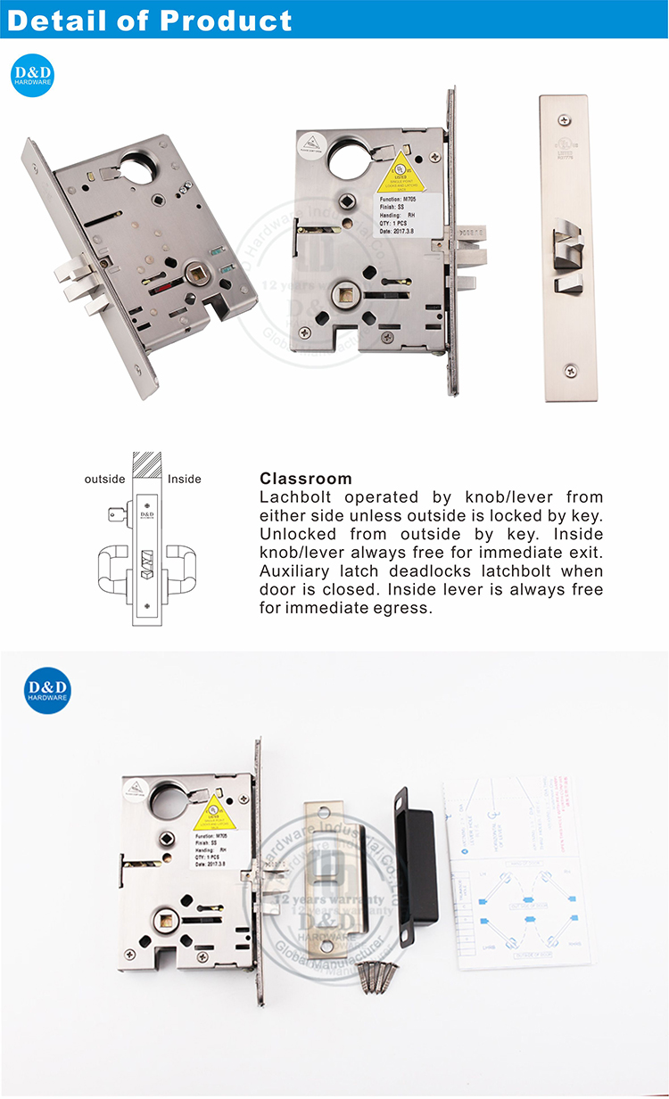 ANSI Grade 1 UL Fireproof Classroom Door Lock with Auxiliary Latchbolt ...