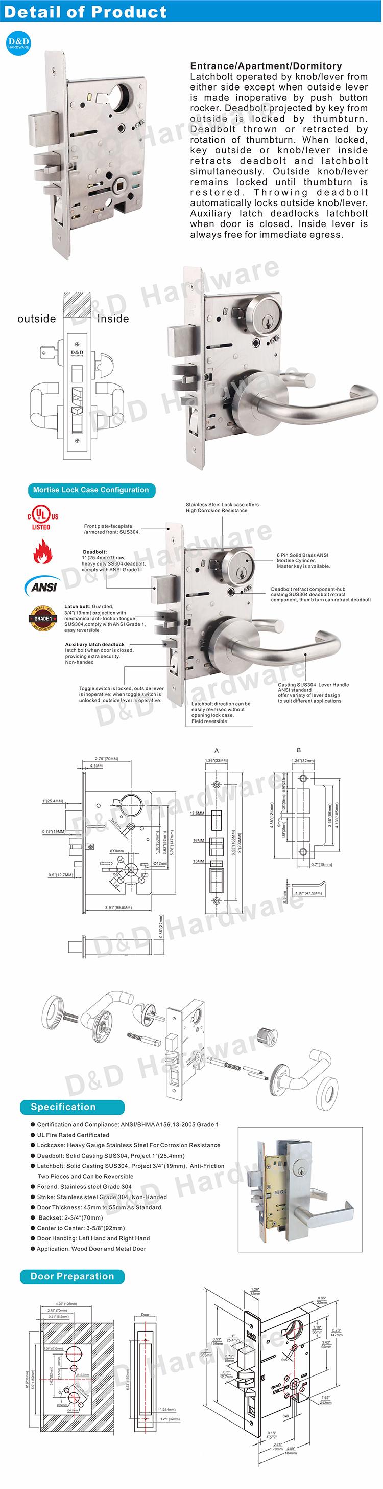 UL Listed ANSI Grade 1 Fire Rated Outside Door Lock Mortice Door ...