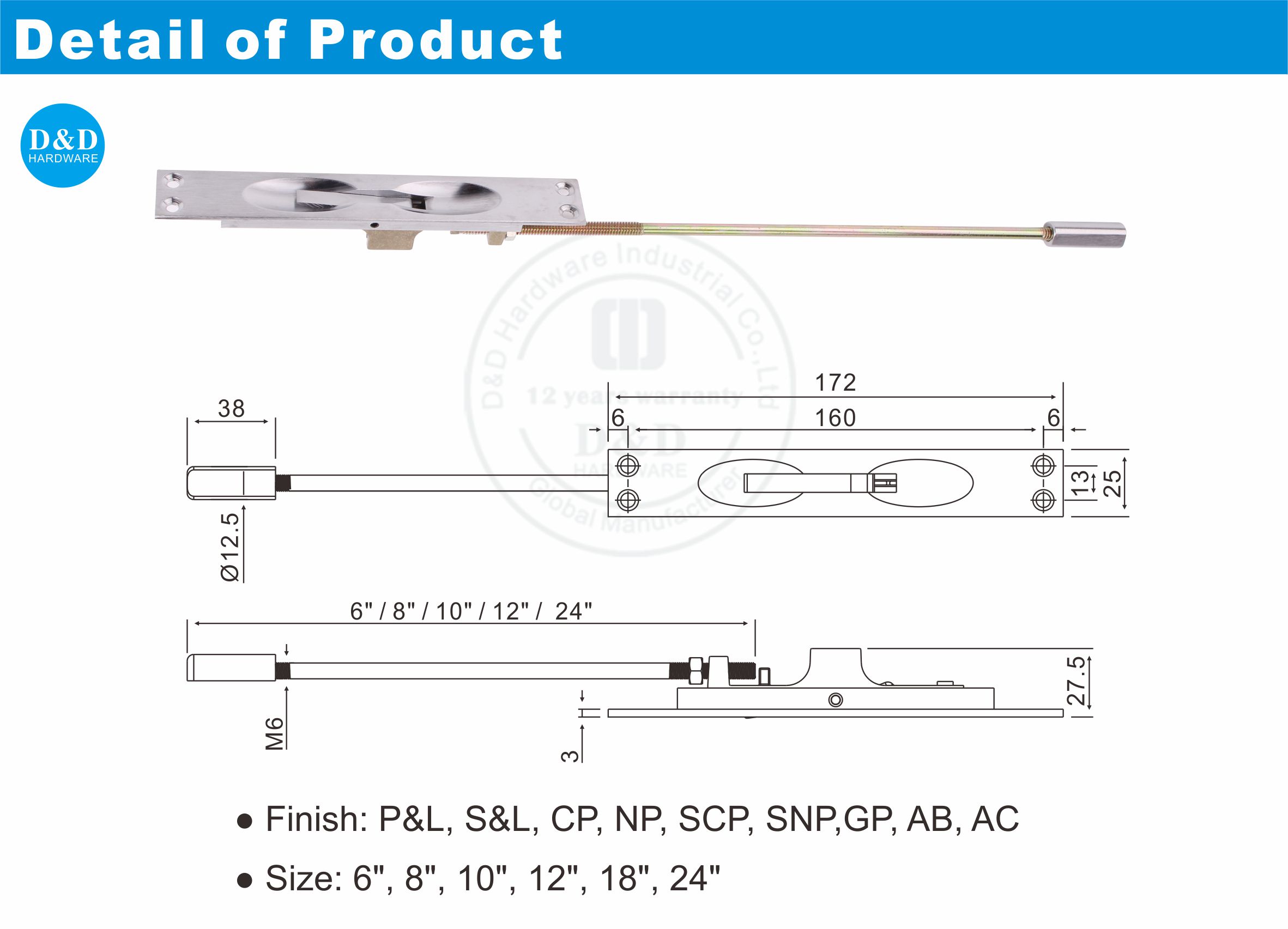 Brass Concealed Extension Rod Manual External Door Flush Bolt-DDDB010 ...